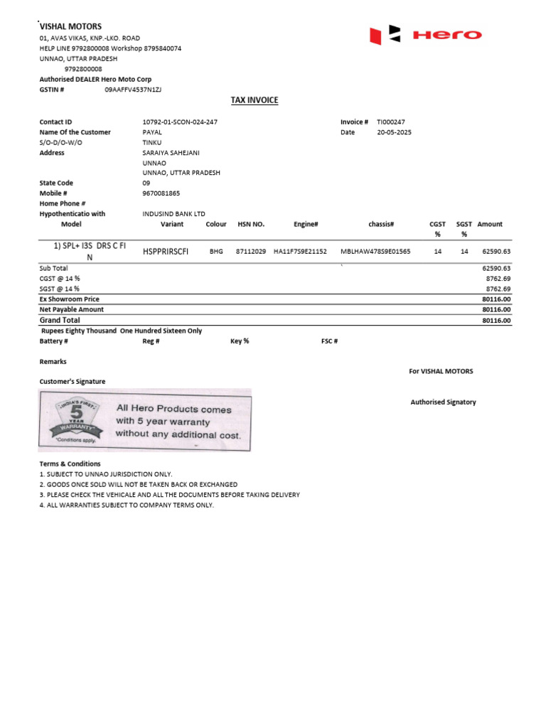 Payal Invoice Vishal Motors Unnao | PDF