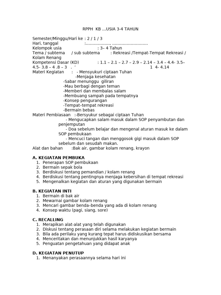 RPPH KB Usia 3-4 Tahun | PDF