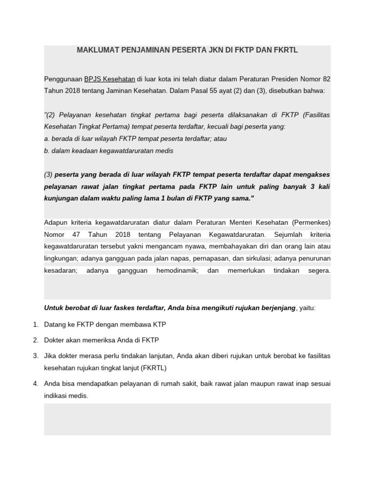 MAKLUMAT PENJAMINAN PESERTA JKN DI FKTP DAN FKRTL DI LUAR KOTA | PDF