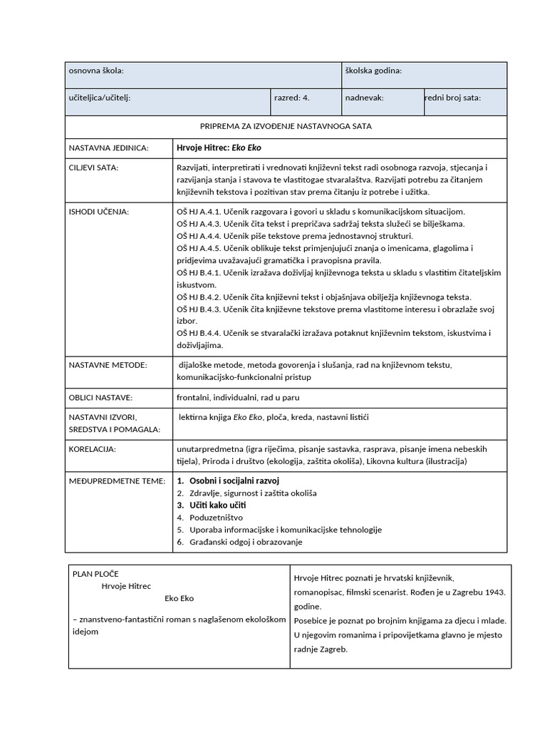 Lektira Hrvoje Hitrec-Eko Eko | PDF