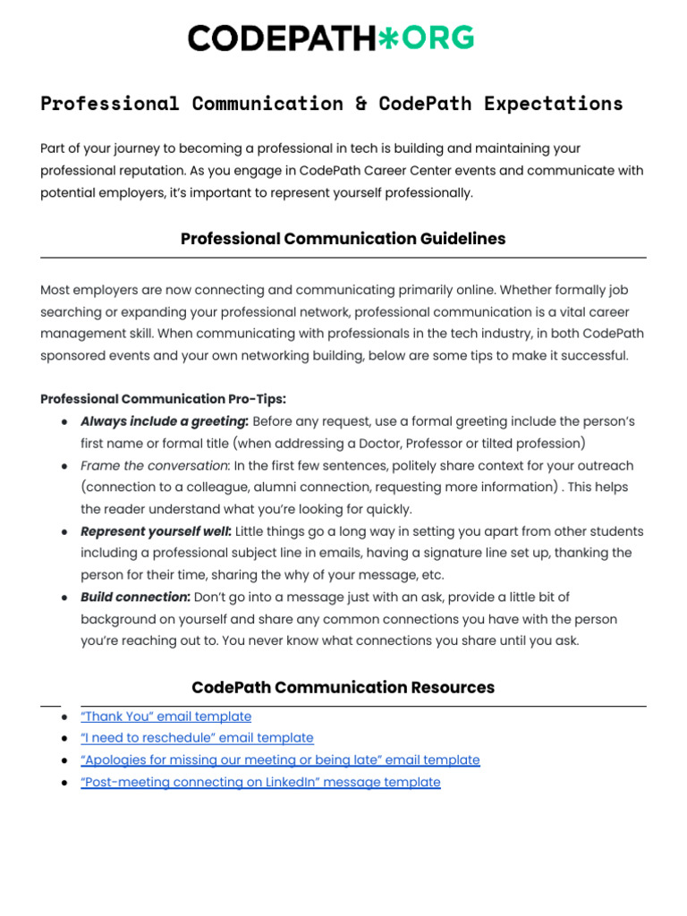 CodePath Career Center Professional Communication & Expectations | PDF ...