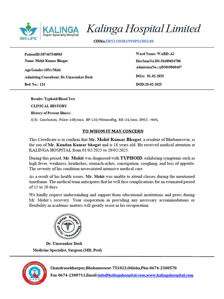 Medical Certificate for Typhoid Patient | PDF