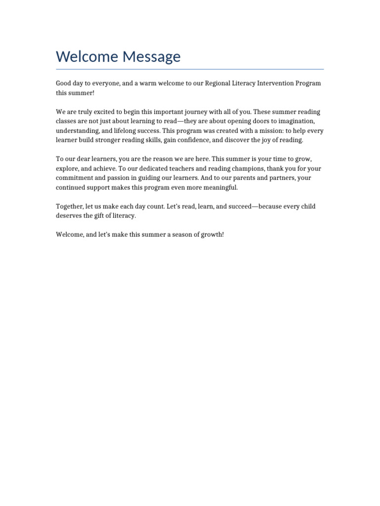 Summer Literacy Program Welcome Message | PDF