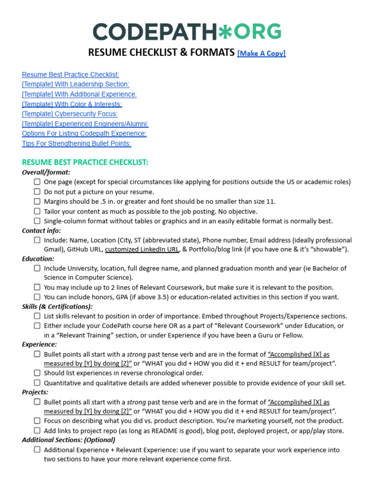 CodePath Resume Checklist & Formats | PDF | Computer Security | Security
