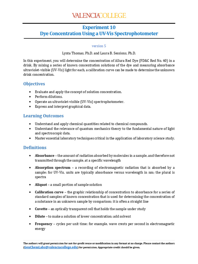 1045 Exp10 Dyeconcentrationusinguv Vis | PDF | Ultraviolet–Visible Spectroscopy | Absorbance