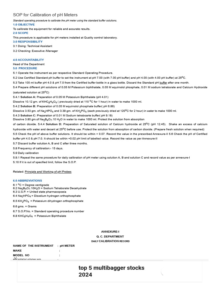 SOP For Calibration of PH Meters - Pharmaguideline | PDF | Ph | Buffer Solution