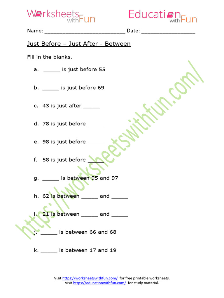 Just Before, Just After and Between Worksheet 10 | PDF