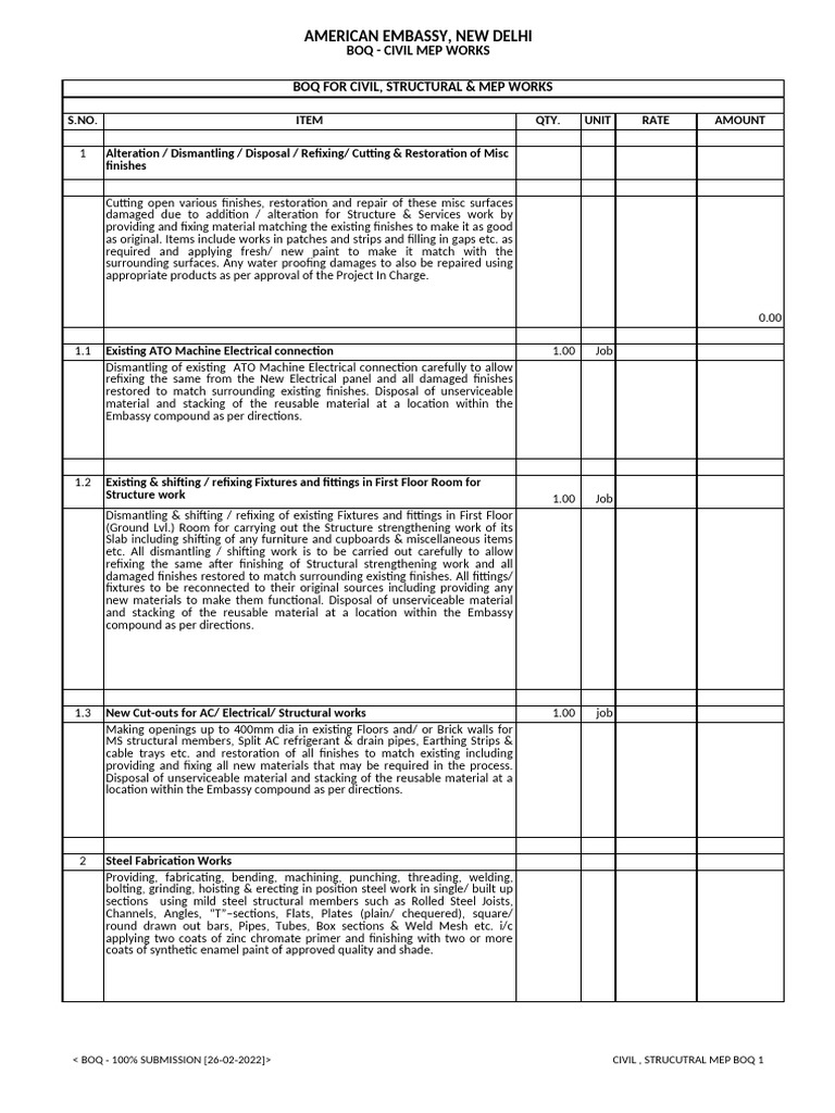 BOQ for Civil and MEP Works at US Embassy | PDF | Electrical Wiring ...