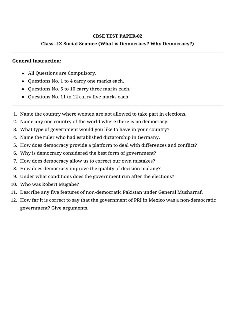 Class IX Social Science Democracy Test | PDF | Democracy | Political ...