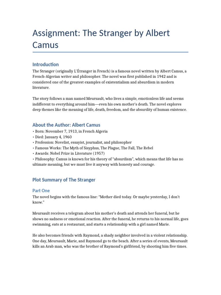 The Stranger Assignment by Albert Camus | PDF | Albert Camus