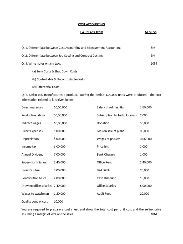Cost Accounting Class Test | PDF | Prices | Cost Accounting