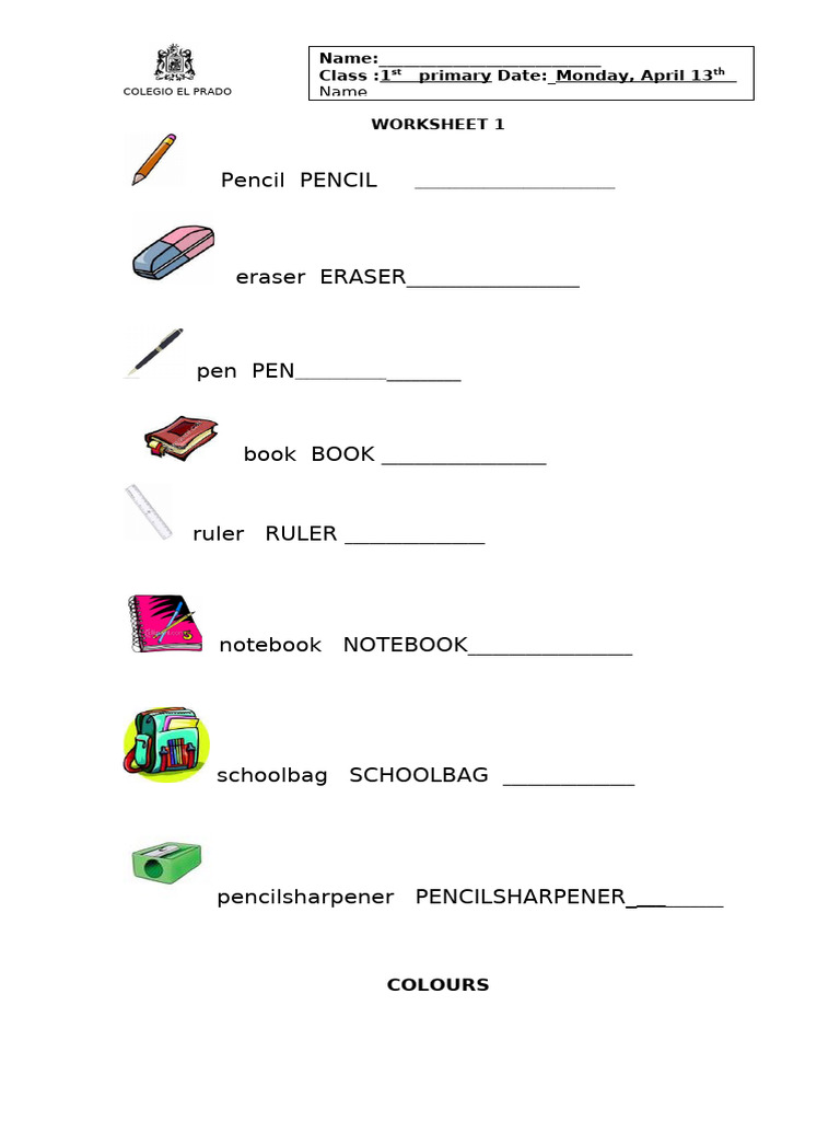 Worksheet1 - School Objects | PDF