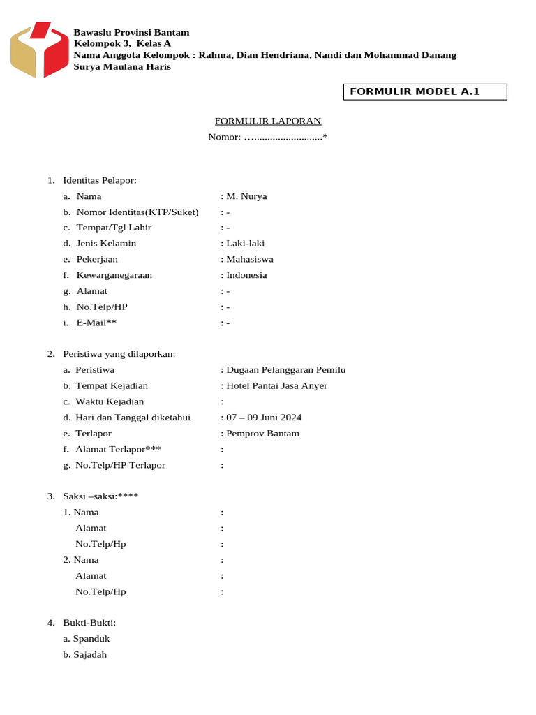 FORM MODEL A1 (Kelompok 3, Kelas A) | PDF