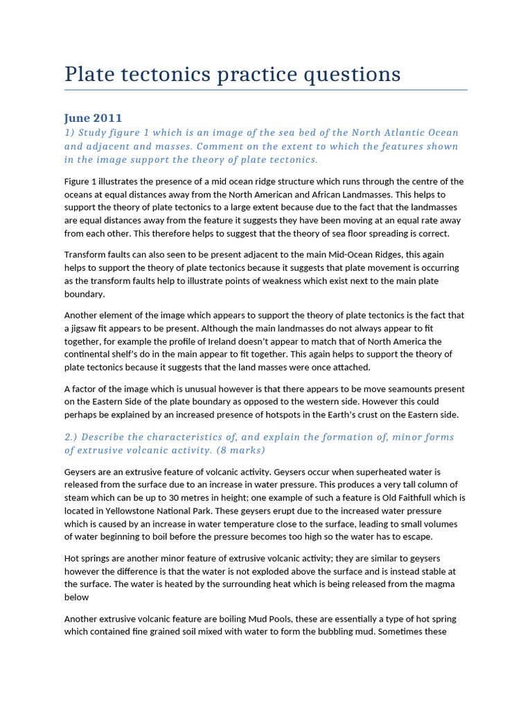 Plate Tectonics Practice Questions Jun 2011 | PDF | Volcano | Types Of ...