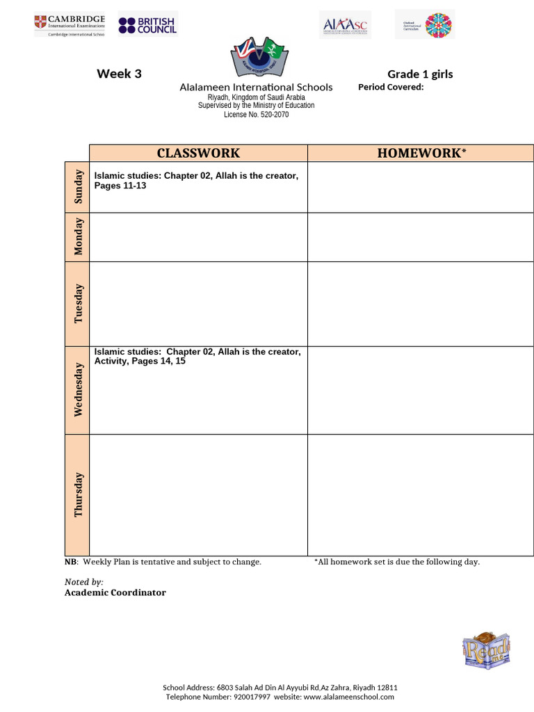 Grade 1 Islamic Studies Weekly Plan | PDF