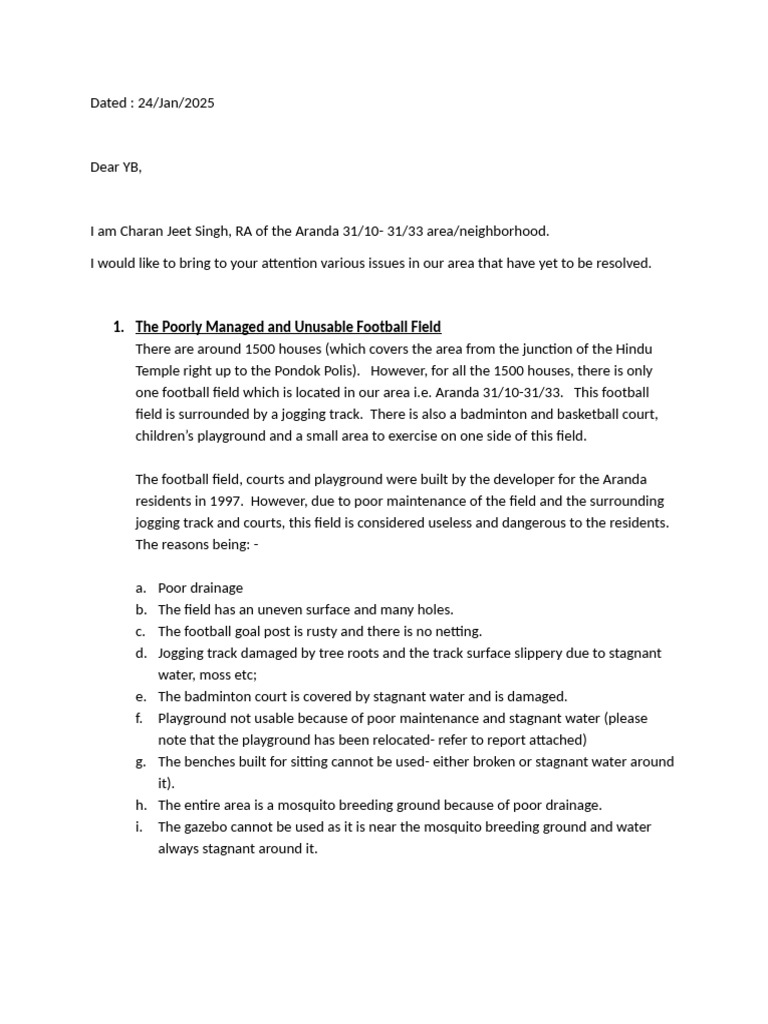 Letter To YB From Aranda 10 33 - 24 Jan 2025 | PDF | Playground