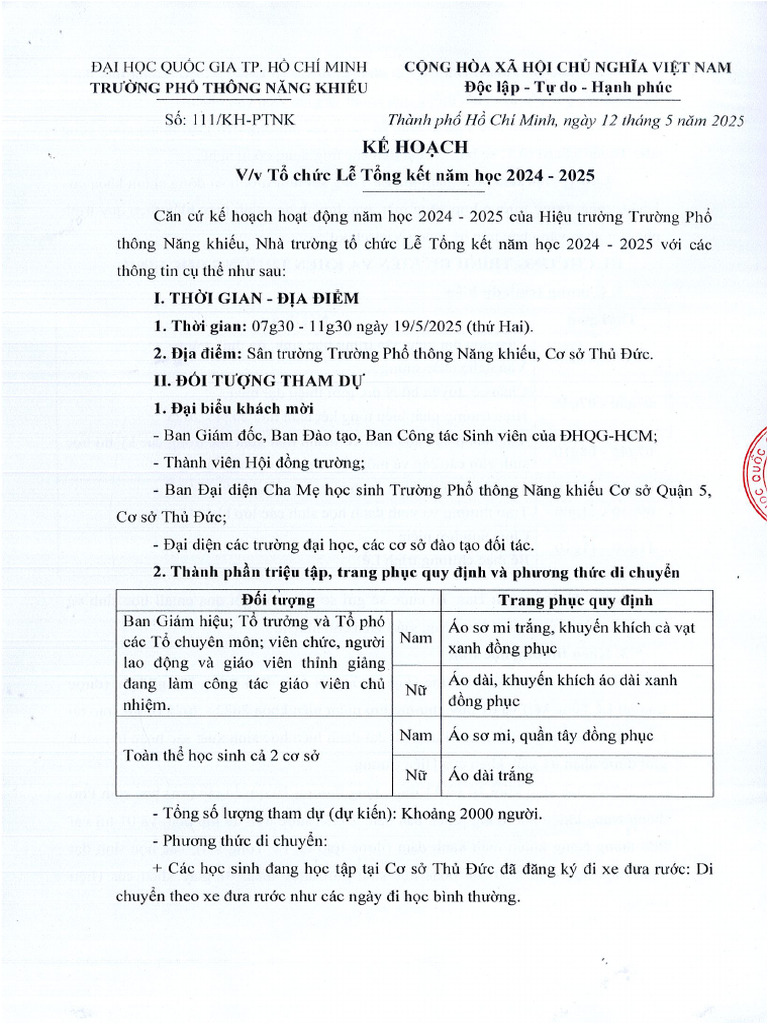 111-KH To Chuc Le Tong Ket Nam Hoc 2024 - 2025 | PDF