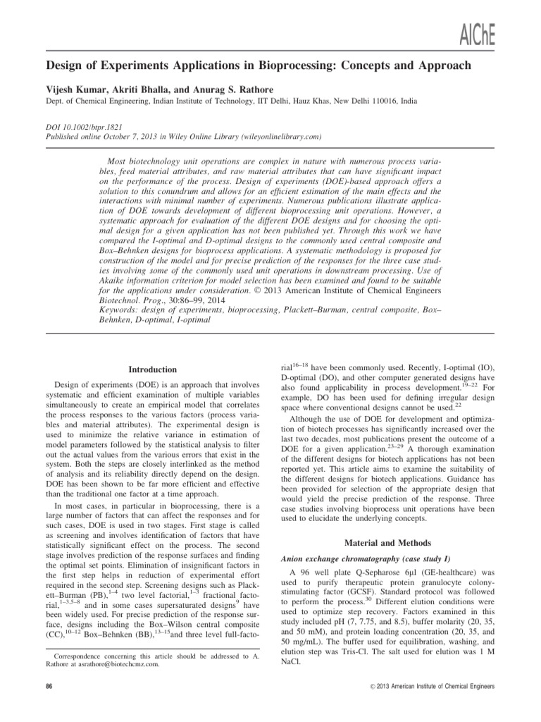 Biotechnology Progress - 2013 - Kumar - Design of Experiments Applications in Bioprocessing ...
