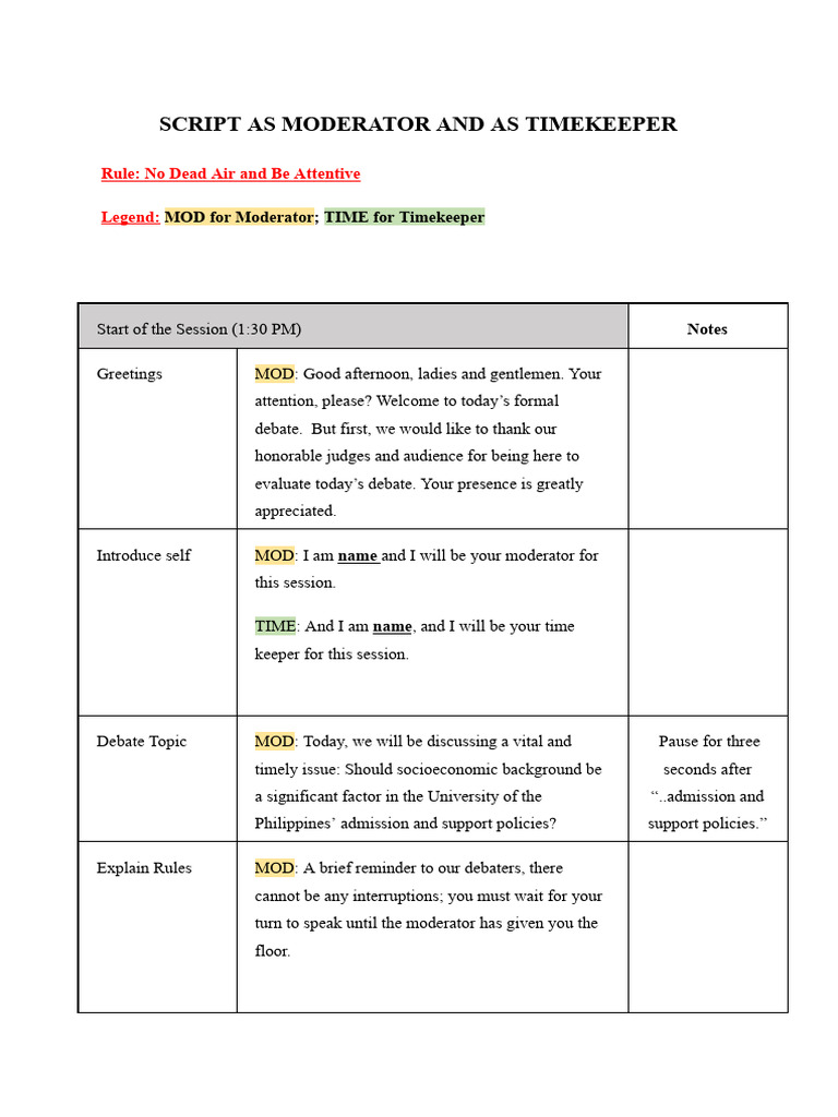Script As Moderator and As Timekeeper | PDF