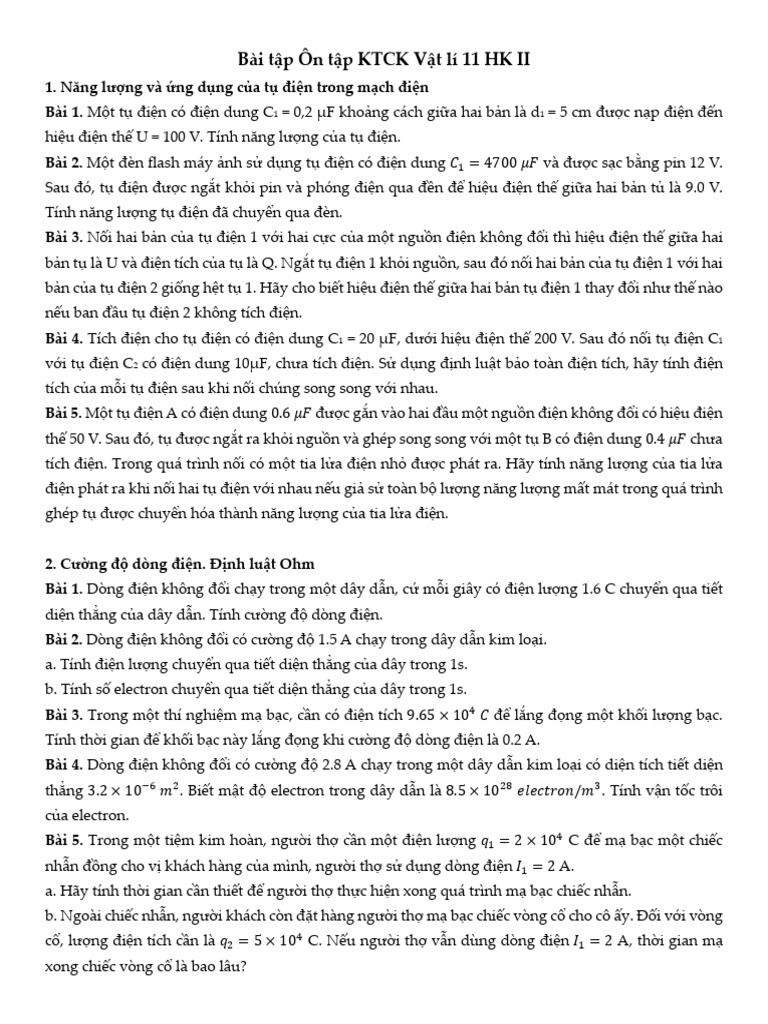 14 Bài tập Ôn tập KTCK Vật lí 11 HK II | PDF