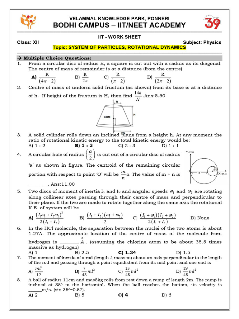System of Particles - Rotational Dynamics - Physics - IIT Work Sheet | PDF | Rotation Around A ...