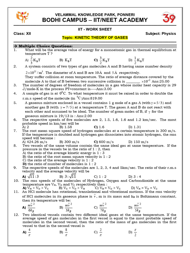 Kinetic Theory of Gases - Physics - IIT Work Sheet 2024-25 | PDF ...