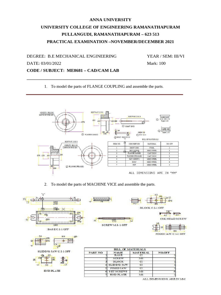 CAD/CAM Lab Practical Exam Guide | PDF | Numerical Control | Machines