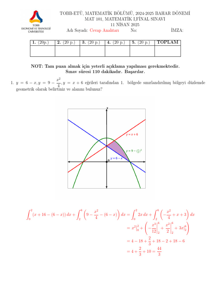 MAT101 Final Cevap Anahtarı | PDF