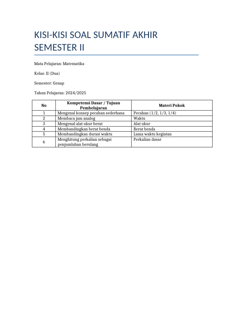 Kisi-Kisi Soal Matematika Kelas 2 Semester 2 | PDF
