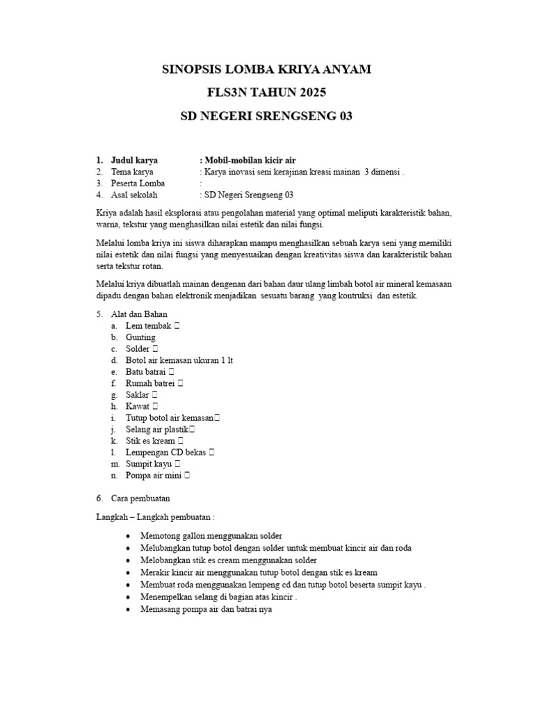 Sinopsis FLS3N Lomba Kriya Anyam SR 03 2025 | PDF