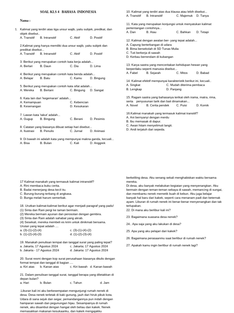 SOal Kls 4 Bahasa INDONESIA BARU | PDF