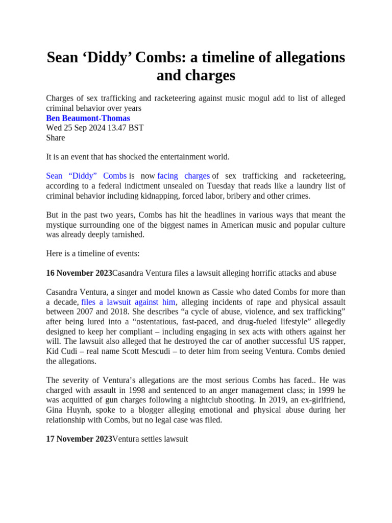 Diddy's 2025 Charges Timeline | PDF | Violence | Crimes