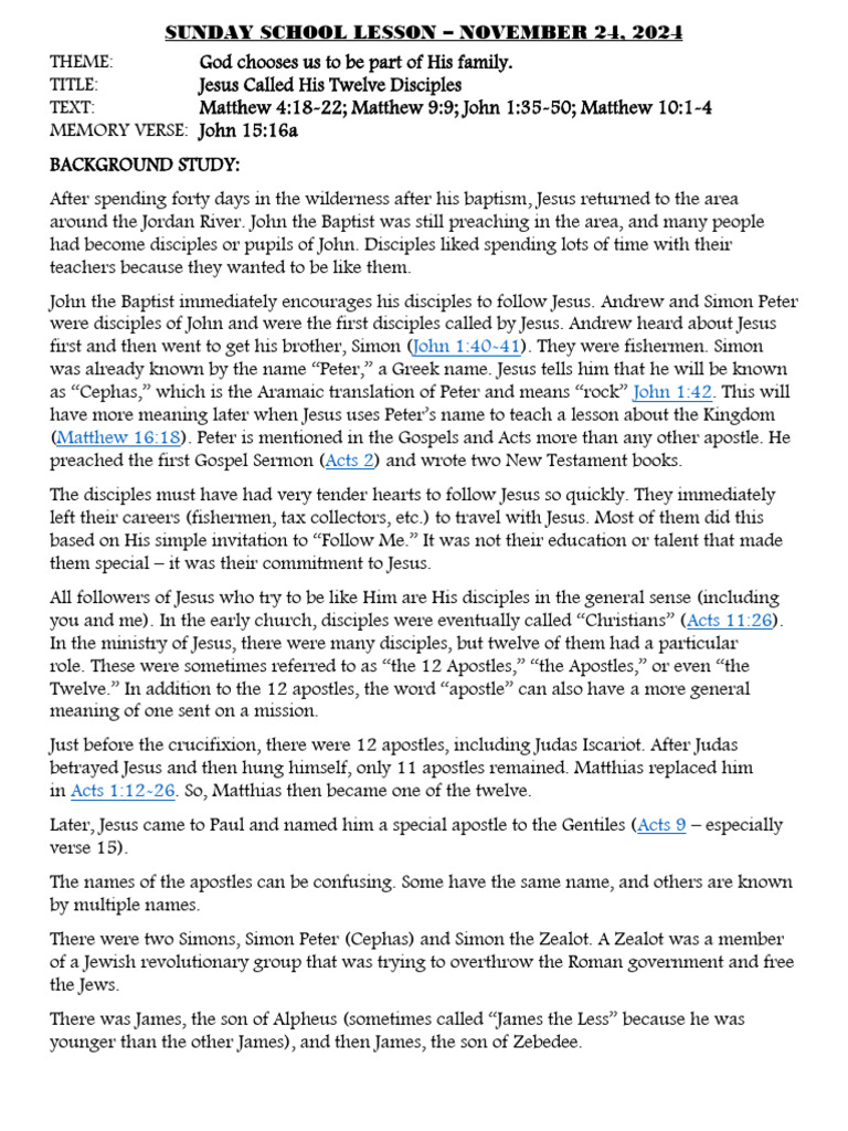 Jesus Calls His Twelve Disciples | PDF | Jesus | Saint Peter