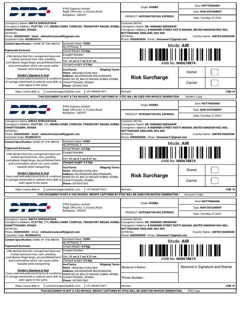 UK Shipping Details for DTDC Consignment | PDF | Mail | Freight Transport