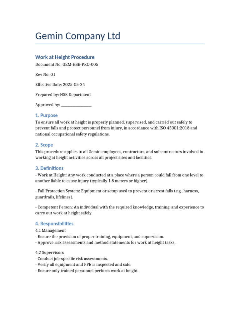Work at Height Safety Procedure Guide | PDF | Occupational Safety And ...