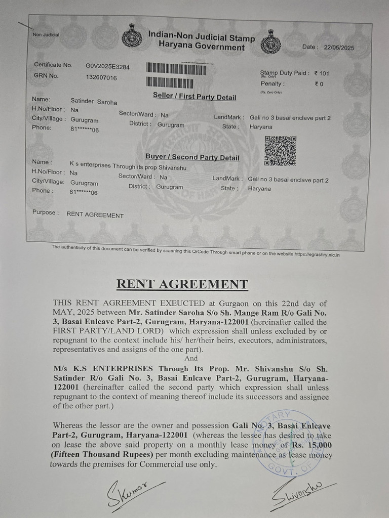 Rent Agreement - Satinder (1) - Min | PDF