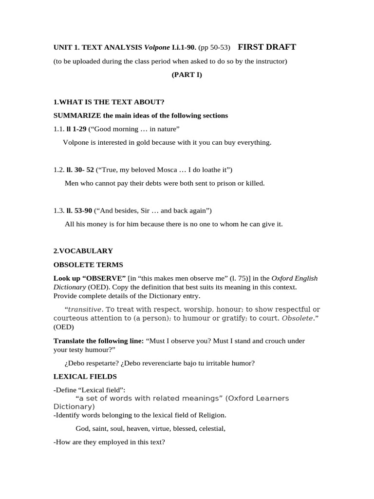 Unit 1 Text Analysis Volpone. First Draft (Part I) Paula Fons Magraner ...