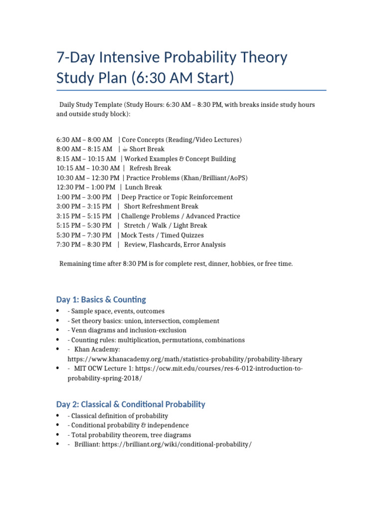 Revised 7-Day Probability Study Plan | PDF | Variance | Probability ...