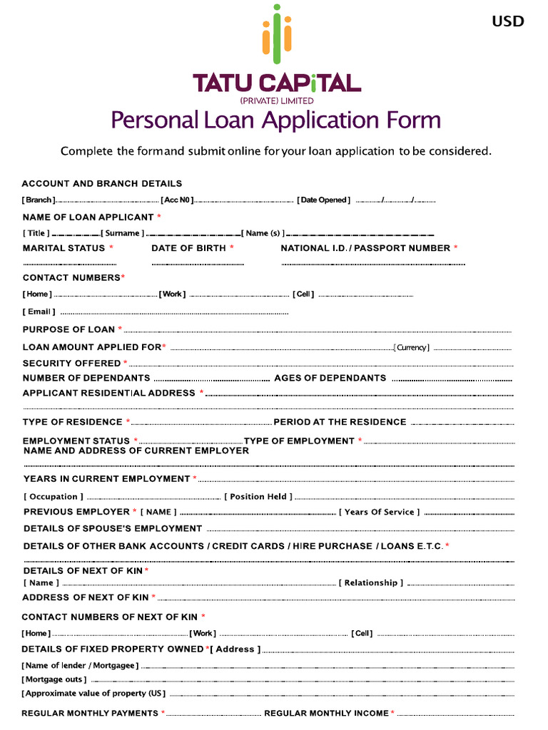 TATU Personal Loan Application Form USD | PDF