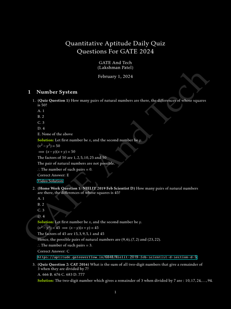 Quantitative APtitude Daily Quiz Questions For GATE 2024 v1 | PDF | Elementary Mathematics | Algebra