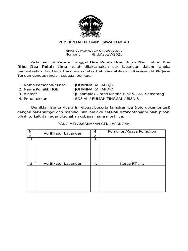 Format BA Cek Lapangan PRPP | PDF