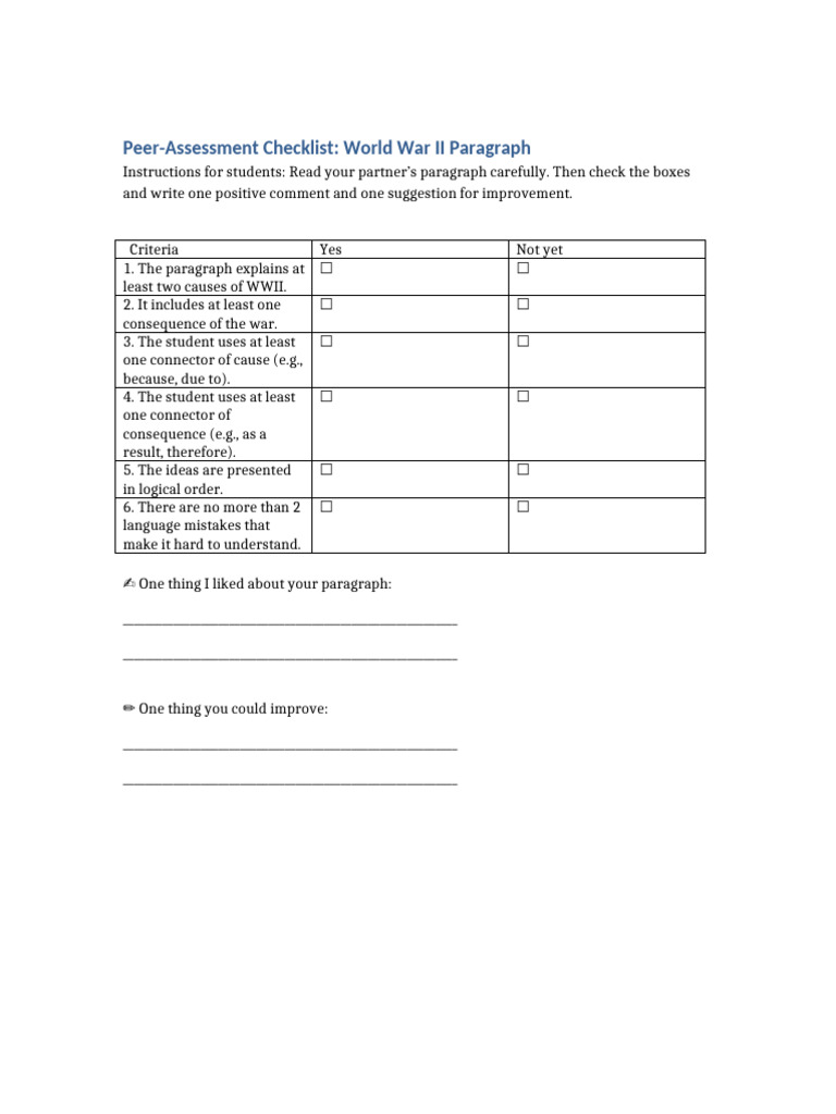 WWII Peer Assessment Checklist | PDF