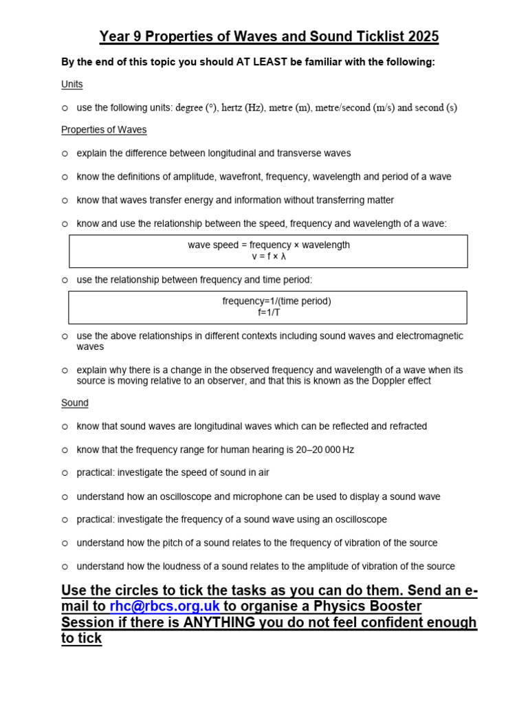 05 Y9 Properties of Waves and Sound Ticklist 2025 | PDF
