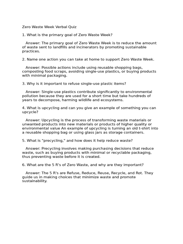 Zero Waste Week Quiz: Sustainable Practices | PDF