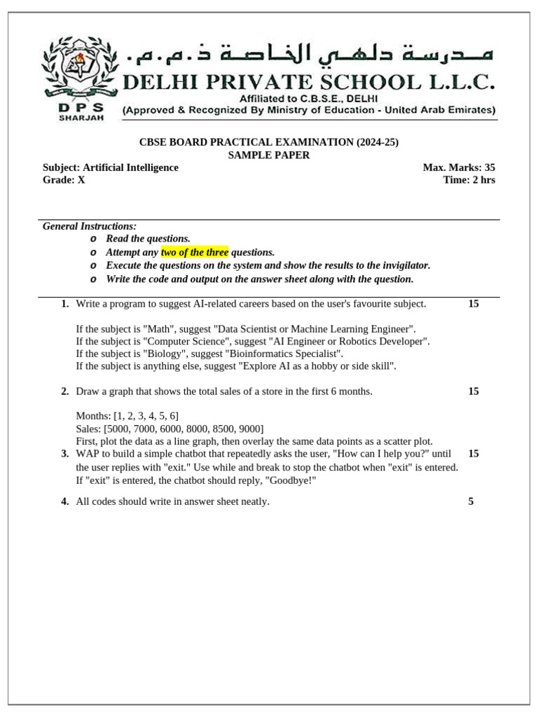 CBSE AI Practical Exam Sample Paper | PDF