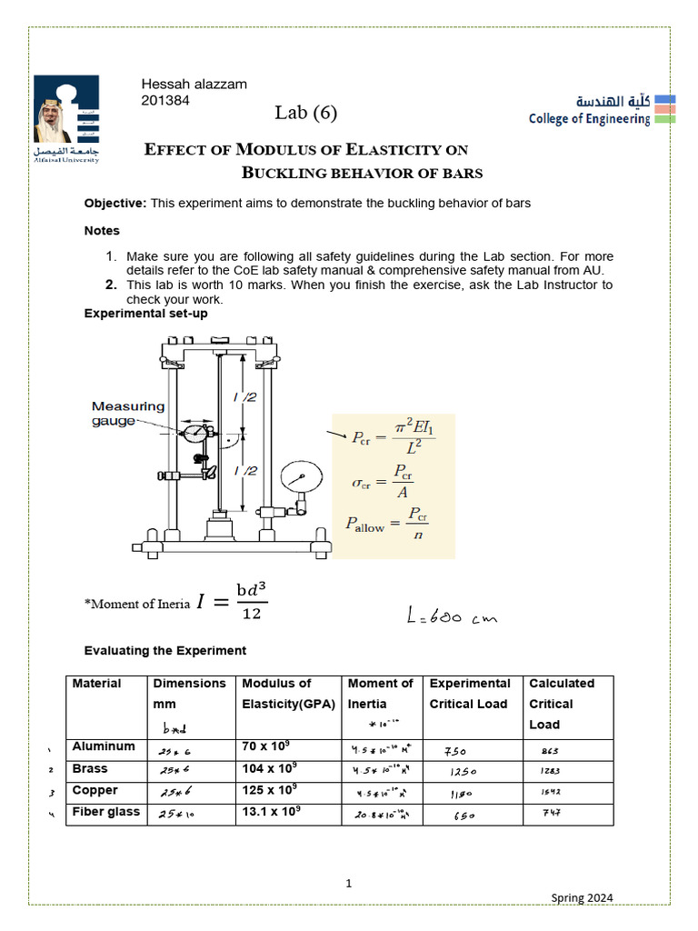 Sp2024 ME 208L Lab _6 Effect of Modulus of Elasticity Modified | PDF | Young's Modulus | Buckling