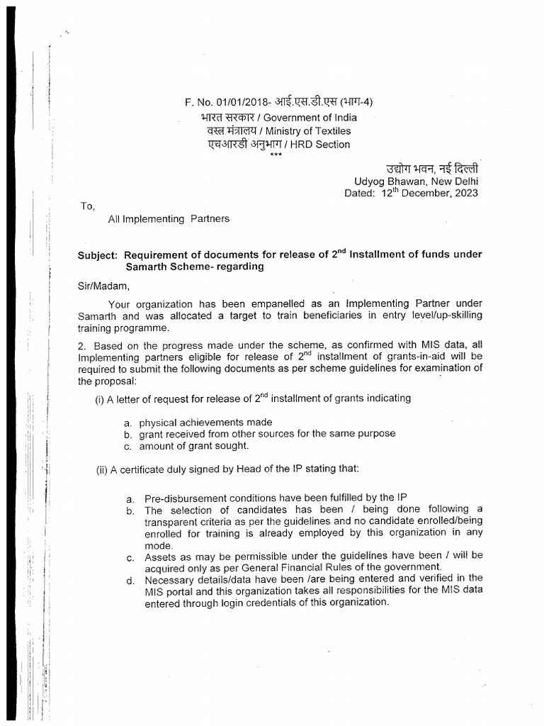 Release of 2nd Installment of Funds Under Samarth | PDF