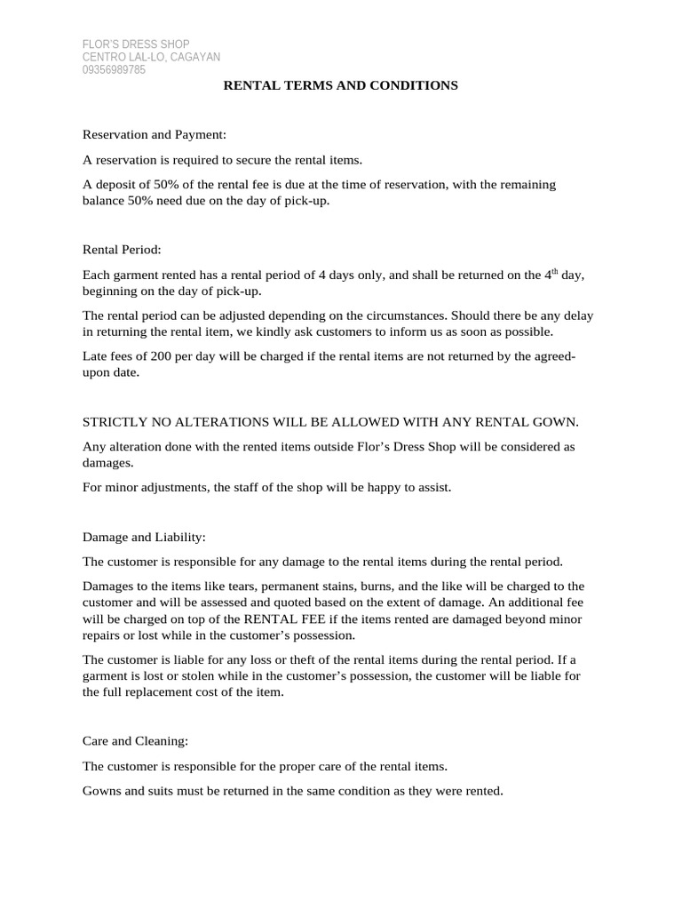 Gown Rental Terms at Flor's Dress Shop | PDF | Fee | Legal Liability