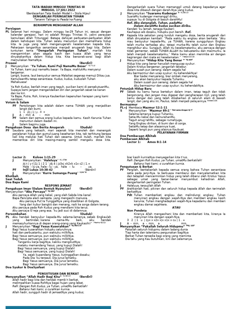 TATA IBADAH Minggu Trinitas 3 Minggu, 17 Juli 2022 | PDF
