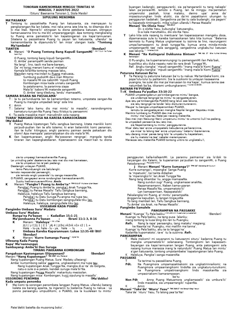 TATA IBADAH minggu Trinitas 6 Minggu, 7 Agustus 2022 | PDF
